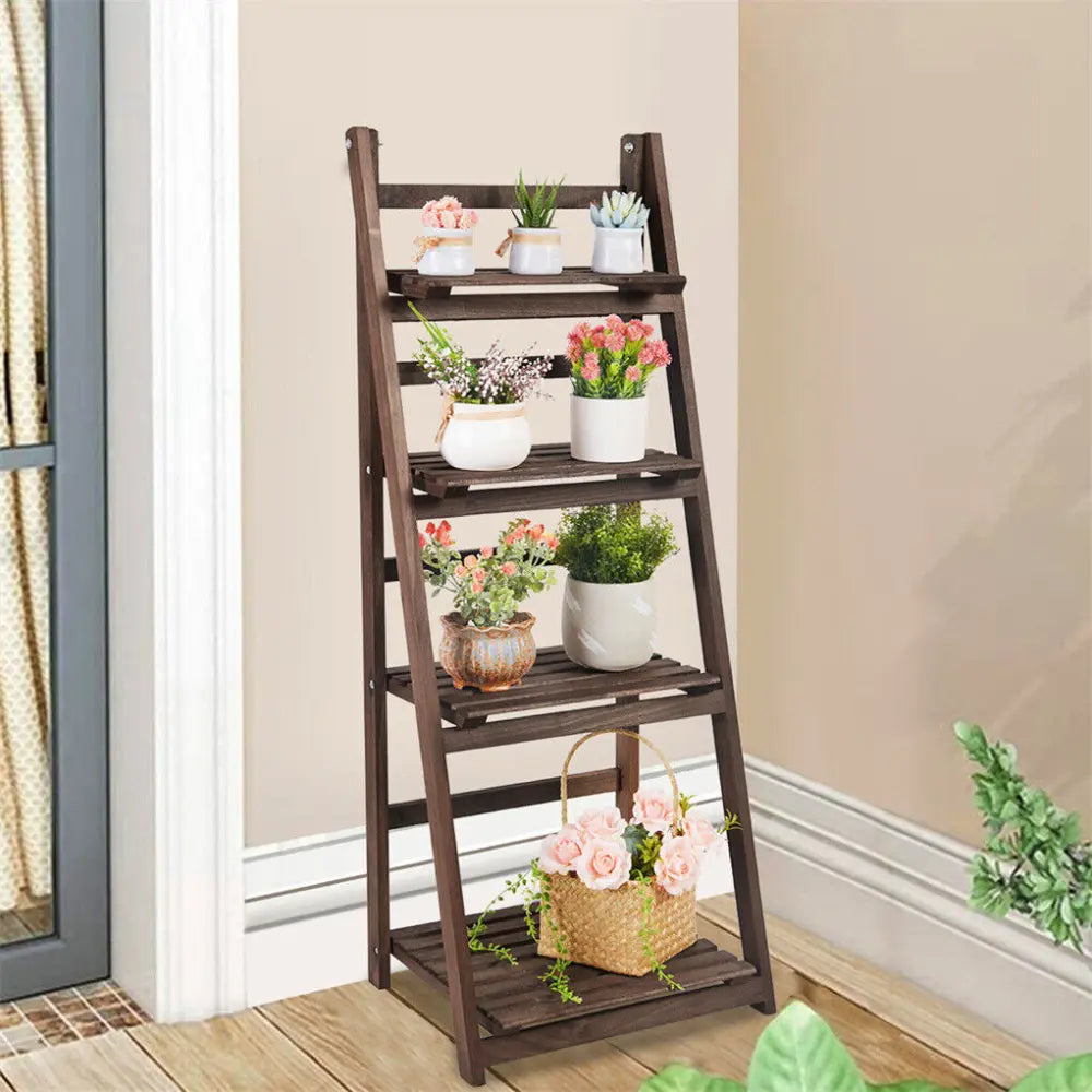 Folding 4 Tier Ladder Shelf Storage Shelving Unit Wooden Bookcase ...